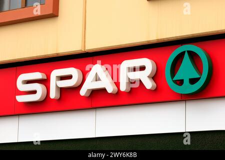 Signage at Spar supermarket, El Cotillo, Fuerteventura, Canary Islands ...