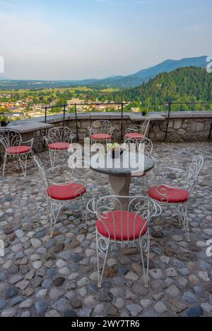 The terrace of the cafe in Bled Castle overlooking the lake and Bled ...