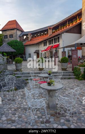 The terrace of the cafe in Bled Castle overlooking the lake and Bled ...