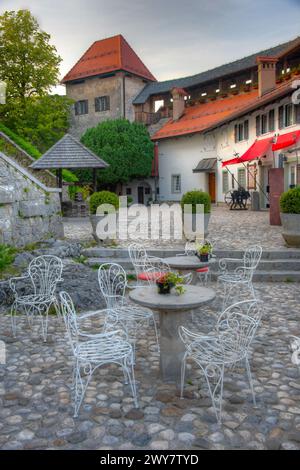 The terrace of the cafe in Bled Castle overlooking the lake and Bled ...