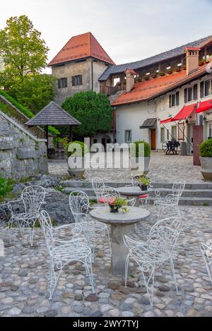 The terrace of the cafe in Bled Castle overlooking the lake and Bled ...