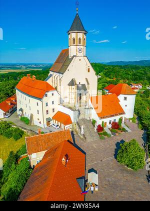 An aerial of Ptujska Gora and the basilica of the Virgin Mary ...