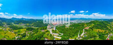Aerial view of Celje castle and surrounding neighborhood, Slovenia ...