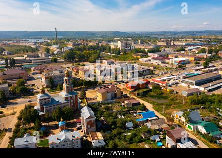 Volzhsk, Russia - August 23, 2021: Panoramic view from drone of Volzhsk ...