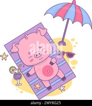Happy beach piglet sunbathing and resting under sun umbrella. Cute ...