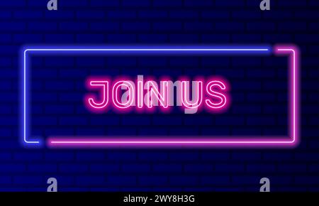 Neon sign join now in speech bubble frame on brick wall background ...