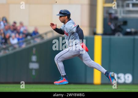 Cleveland Guardians' Brayan Rocchio (4) and Steven Kwan (38) celebrate ...