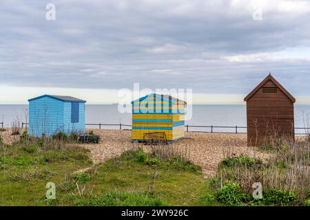 Three beach huts overlooking the sea in Kingsdown, Kent, England, UK ...
