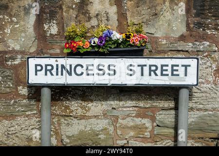 Flowers, street sign, Princess Street, LLangollen, Wales, Great Britain ...