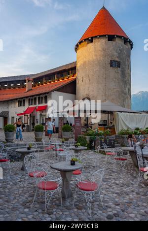 The terrace of the cafe in Bled Castle overlooking the lake and Bled ...