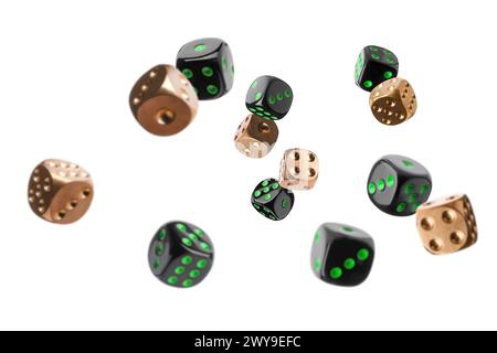 Many different dice in air on white background Stock Photo - Alamy