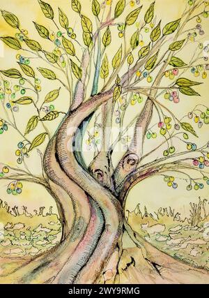 Abstract tree with doodled leaves. The dabbing technique near the edges ...