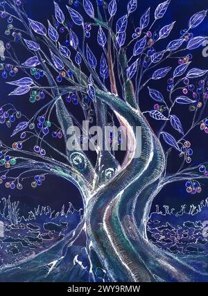 Tree of life with doodled leaves. The dabbing technique near the edges ...