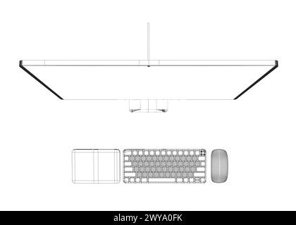 Monitor PC mockup. Wireframe thin frame monitor or PC with mouse and ...
