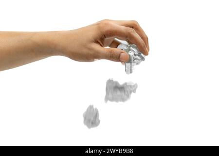 Man's hand holding used crumpled tissue paper isolated on white ...