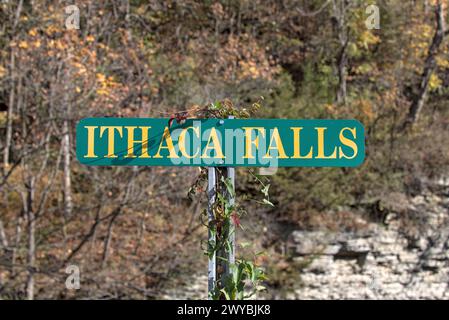 ithaca falls sign at entrance to state park in finger lakes region of ...