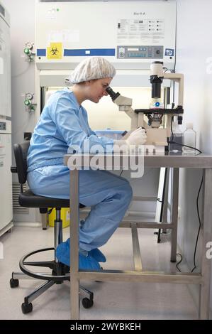 Analyzing samples in microscope. Quarantine zone (Grade C), clean room ...