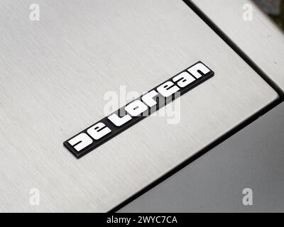 DeLorean logo sign close up of the legendary classic car exterior ...
