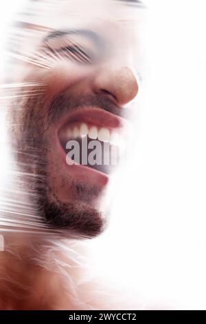 Man, plastic and bag with choking, gasping and struggle for breath in ...