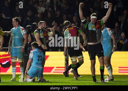 Harlequins' Sam Riley scores a try against Aviron Bayonnais' during the ...