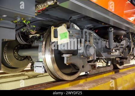Railroad wheels. Assembly workshop trams. Manufacture of trains Stock ...