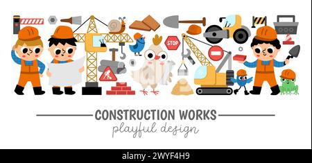 Building or construction works, builders and engineers with equipment ...