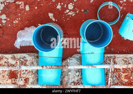 Sewer pipes in the construction of a family house, top view Stock Photo ...