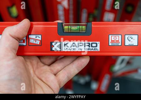 Kapro red building level. Kapro logo at construction level. Minsk ...
