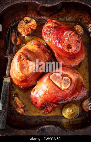 Hot and cripsy ham hock with garlic and spices. Roasted Schweinshaxe ...