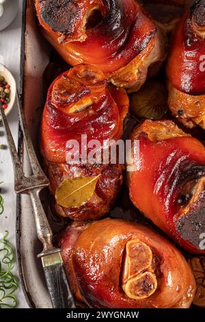 Grilled ham hock made of spices and meat. Baked pork knuckle in ...