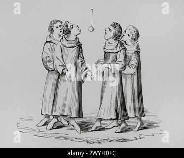 Medieval monks playing the game of bob apple or swinging apple. The ...