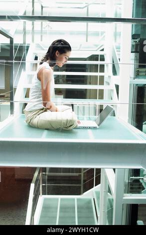 woman, stairs, laptop, notebook, computers, computer, laugh, laughs ...