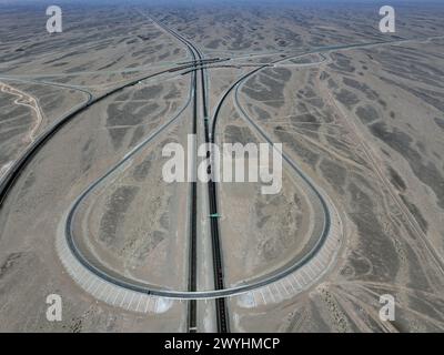 HAMI, CHINA - APRIL 5, 2024 - Aerial photo show the transition point ...