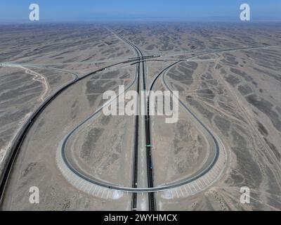 HAMI, CHINA - APRIL 5, 2024 - Aerial photo show the transition point ...