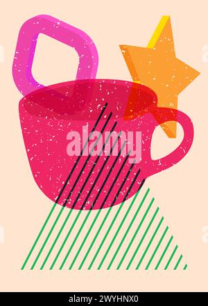 Risograph Coffee cup with geometric shapes. Objects in trendy riso ...