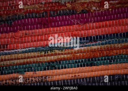 Traditional colorful handwoven kourelou rug on a local shop display in ...