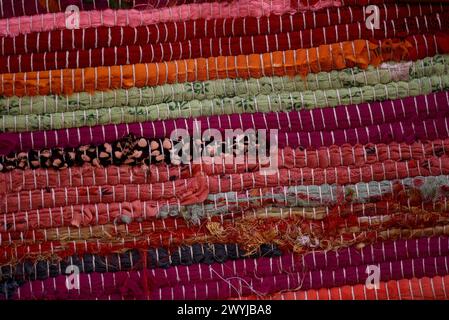 Traditional colorful handwoven kourelou rug on a local shop display in ...