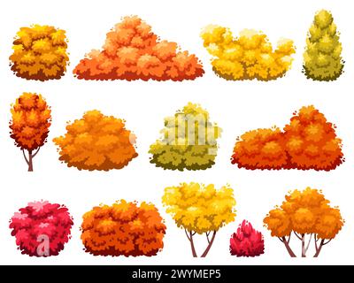 Cartoon autumn bushes. Fading garden plants. Color shrub trees ...