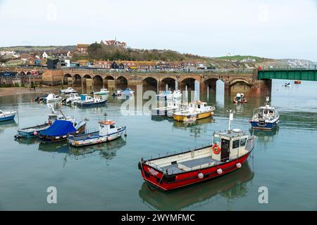 Boats, former railway bridge, boat harbour, Folkestone, Kent, England ...