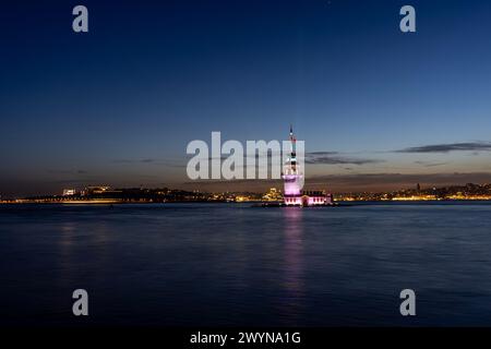 iery sunset over Bosphorus with famous Maiden's Tower (Kiz Kulesi) also ...