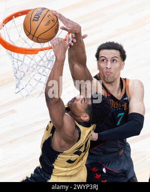 Toronto, Canada. 7th Apr, 2024. RJ Barrett (L) of Toronto Raptors makes a layup during the 2023 ...
