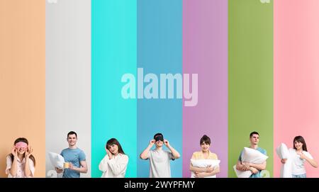 Collage of young people in pajamas, with sleep masks and pillows on ...