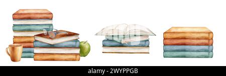 Set of books and green apple watercolor illustration isolated on white ...