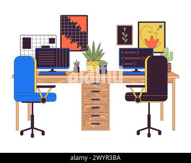 Double workplace with computers 2D linear cartoon objects Stock Vector ...