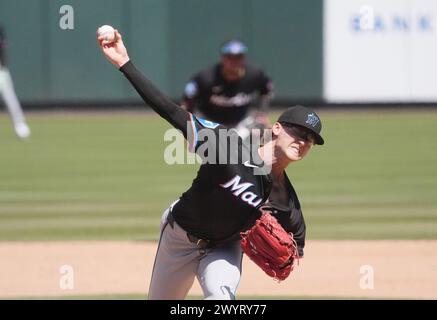 Miami Marlins pitcher Max Meyer (23) throws during the second inning of ...