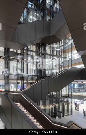 Internal atrium with lift shafts and flying staircases. 150 Holborn, Holborn, United Kingdom ...
