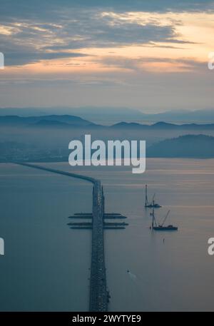 Aerial view of Penang Bridge at dawn, Gelugor, Pulau Pinang, Penang ...