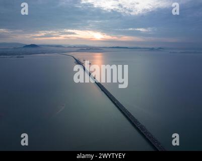 Aerial view of Penang Bridge at dawn, Gelugor, Pulau Pinang, Penang ...
