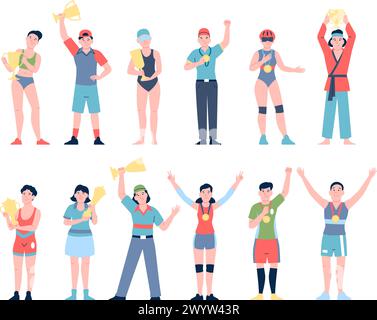 Sport champions. Athletes with gold trophies and medals, olympic and ...