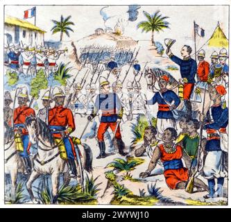 West Africa, Benin, Abomey. French sign explaining the history of King ...
